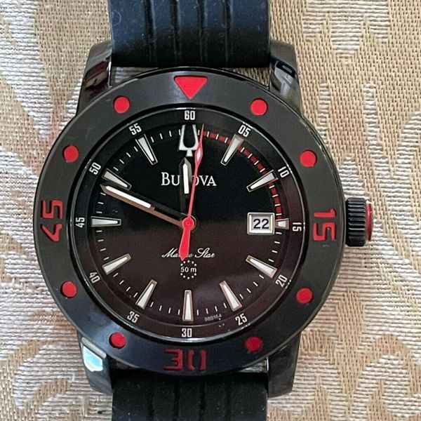 Bulova 98B164 Marine Star Mens Watch With Rubber Strap Black With Red ...