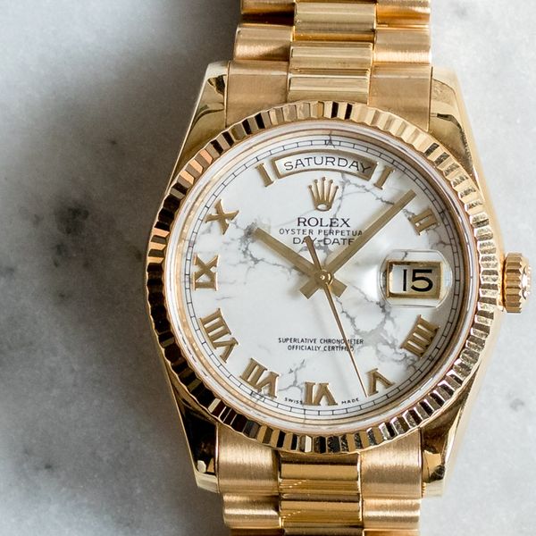 FSOT Rolex Day-date 118238 box/papers rare white roman "howlite" marble ...