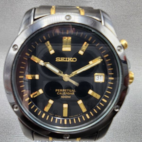 Seiko Perpetual Calendar Watch Men 39mm Black Dial Two Tone Round New ...