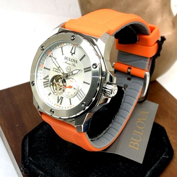 Bulova Men's Watch 98A226 Marine Star Automatic Silver Dial Orange ...