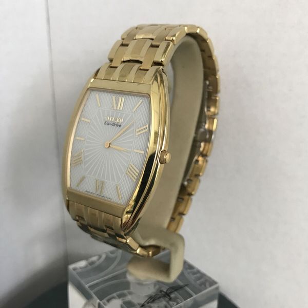 Citizen Menâ s Eco Drive Stiletto White Dial Gold Tone Bracelet Watch ...