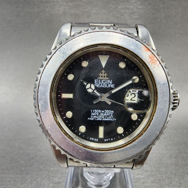 Elgin Treasure Dive Watch Men 39mm Black Dial Steel Date Round FK272 ...