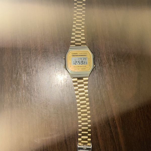 Menâ s Casio Illuminator Digital Chronograph Watch A-168 Gold Stainless ...