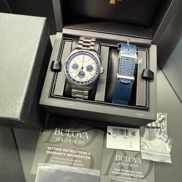 Bulova Lunar Pilot Chronograph 98K112 43.5mm Silver Blue Stainless Moon ...