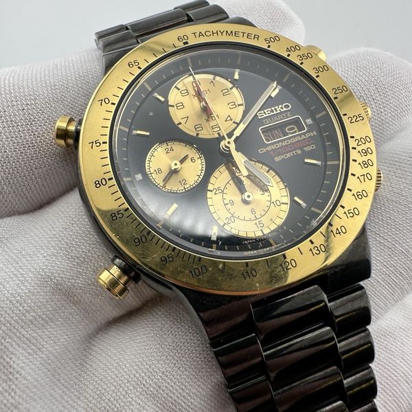 1990's Seiko FIRST 1/100 Sec Chronograph Quartz Men Watch 7T59 6A19 Black/Gold | WatchCharts ...