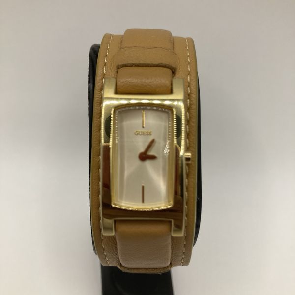 Womenâ s Guess Watch Gold Tone Rectangle Case Tan Leather Cuff Strap ...
