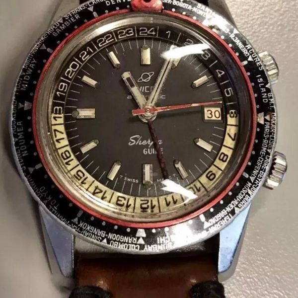 Vintage Enicar Sherpa Guide. It is the GMT 600 model with a black dial ...