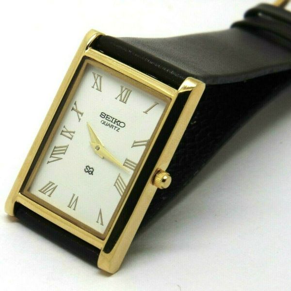 Seiko Quartz Super Slim white dial Mens gold plated rectangle shape ...