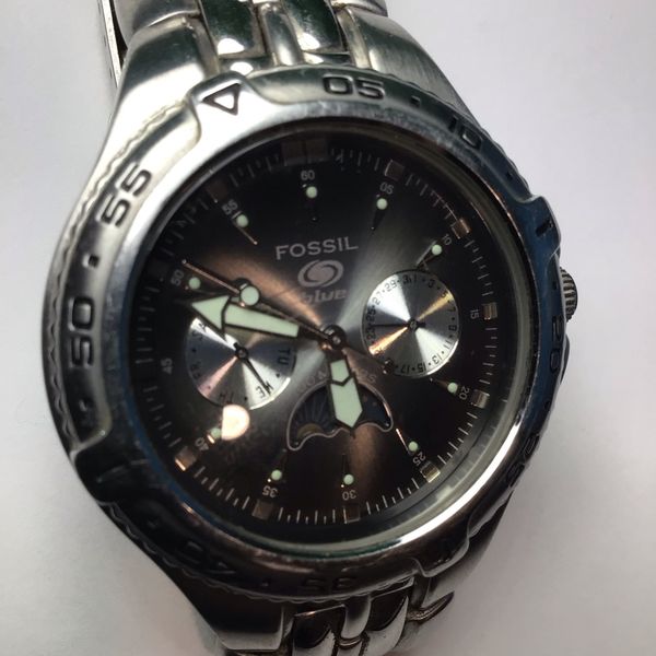 Vintage Fossil Blue Menâ s Day Date Stainless Steel Moon Phase Watch ...