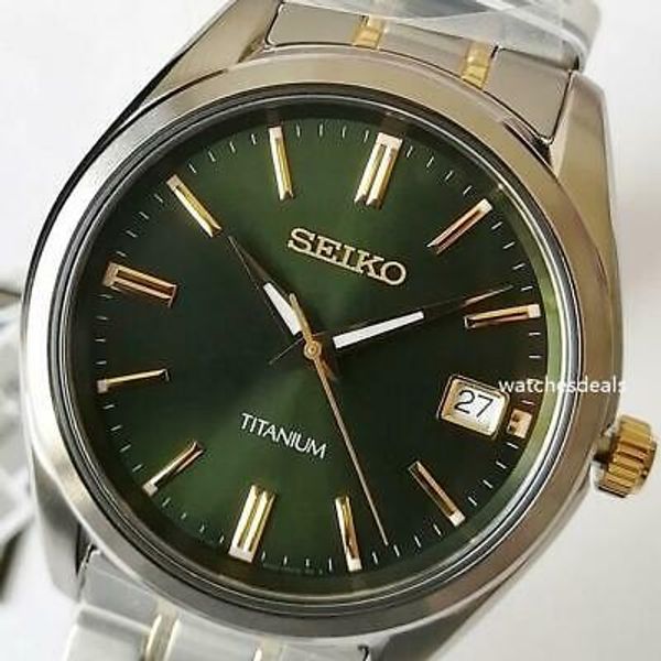 SEIKO MEN'S QUARTZ, SUR377P1, TITANIUM, DARK GREEN DIAL, GOLD TONE ...