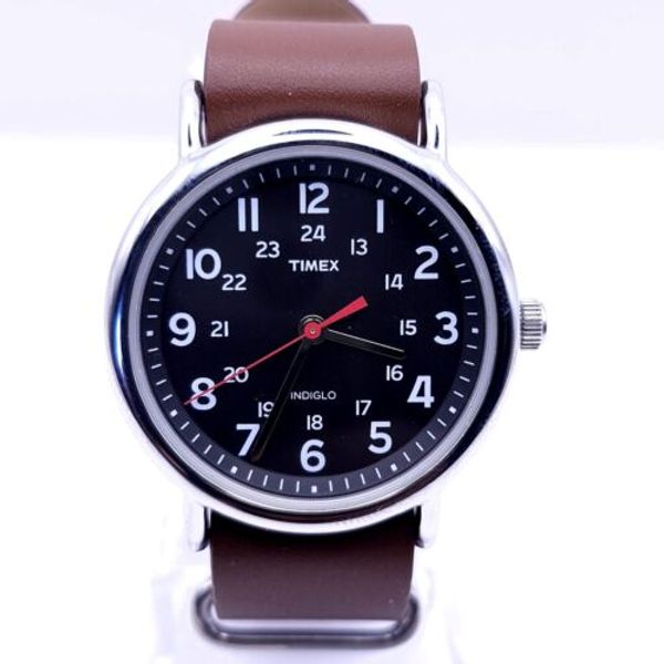 Timex Weekender Watch Mens 38mm Silver Tone Indiglo Brown Leather Strap ...
