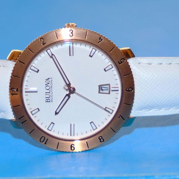 Bulova Accutron II Moonview White Leather and Dial Watch 97B128 ...