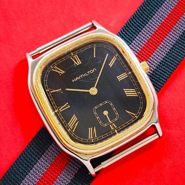 Hamilton Tank Rare Black Dial Watch Two Tone Case 9708 RAF Band Vintage ...