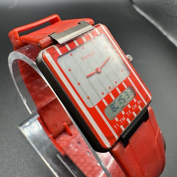 Vtg Tissot Two Timer Stripe Watch Swiss Ana-Digi Watch 1980s Red With ...