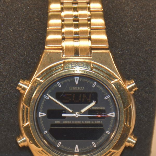 GOLD SEIKO ANALOG-DIGITAL WORLD TIME MENS QUARTZ WRISTWATCH H021-8018 ...