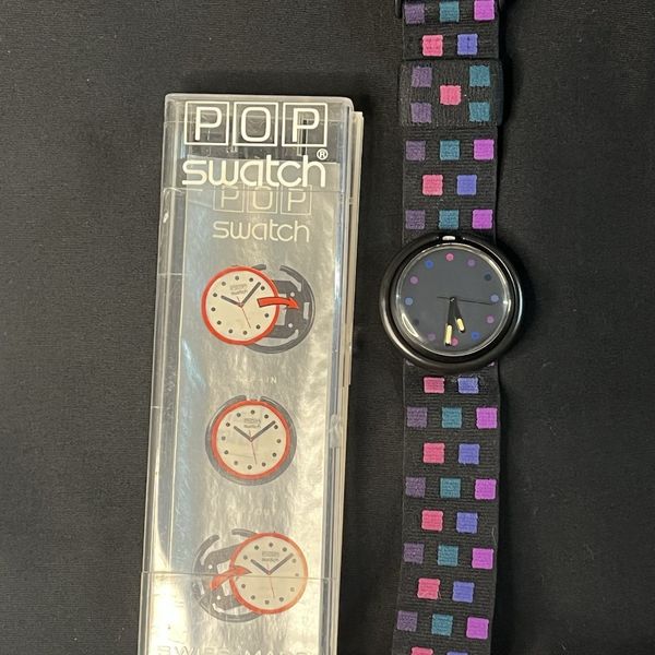 RARE 1992 Swatch Pop Watch Checks PWB172 Vtg Retro 90s Purple Rainbow ...