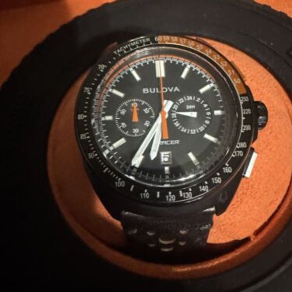 Bulova Quartz Racing Chronograph Black Dial Leather Strap Men's Watch ...