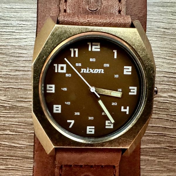 Men's Nixon Watch Quartz Wide Brown Leather Strap Bronze Case Brand New ...