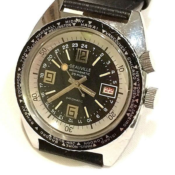Vintage DEAUVILLE Datomatic 25 Jewel World Time Twin Crown Divers Style ...