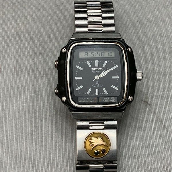 VINTAGE SEIKO H357-5120 DIGITAL & ANALOG SILVER WAVE " James Bond ...