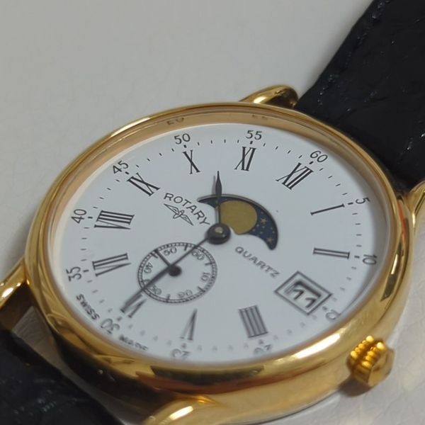 Rotary Sun And Moon Phase Dial Gold Black Leather Strap Quartz Date Box ...