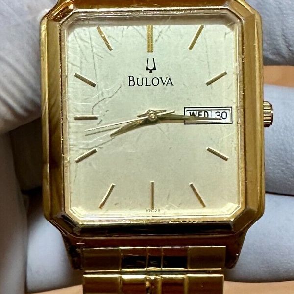 BULOVA MENS Bracelet Stretch Band Square Watch 97C28 Gold tone New ...