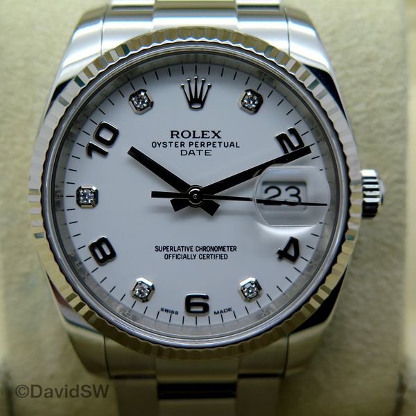 FS: Rolex 115234 OYSTER PERPETUAL DATE-WHITE ARABIC DIAMOND DIAL -34MM ...