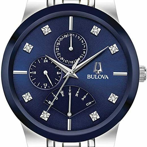 Men's Diamond Silver Bulova Chronograph watch w/ blue dial - 96D144 ...
