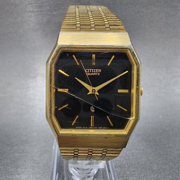 VTG Citizen CQ Tank Watch Men 28mm Black Dial Gold Tone Octagon New ...