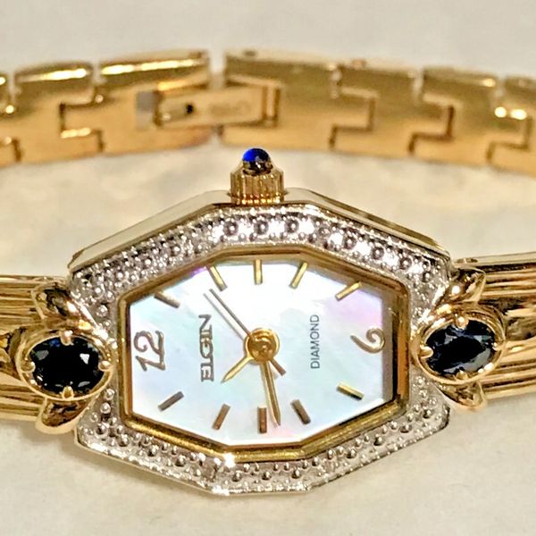 Vintage Elgin Quartz Genuine Diamonds Blue Sapphire Ladies Dress Watch ...