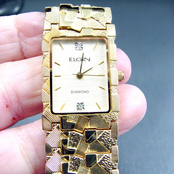 Vintage Elgin Diamond Quartz Ladies Gold Tone Nugget Wrist Watch ...