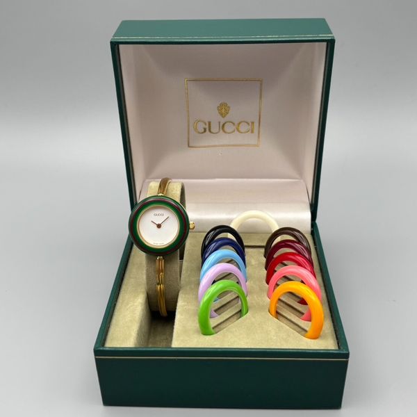 [W/Full Set] Gucci Change Bezel 12 Colors Gold Watch 6.5 inch Auth Near ...