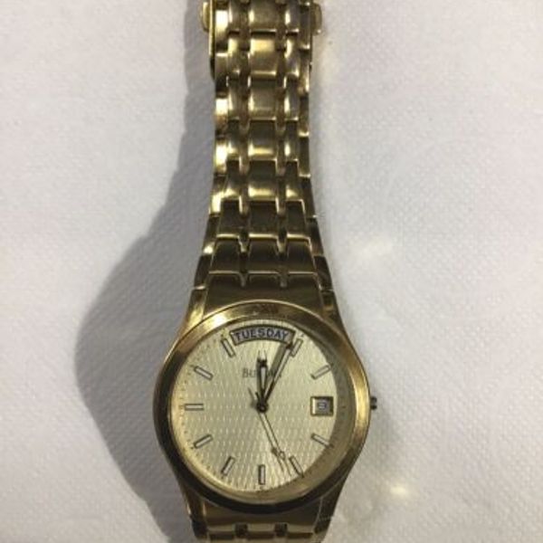 VINTAGE Men's BULOVA Gold Tone /DAY - DATE Fluted Bezel Quartz Watch ...