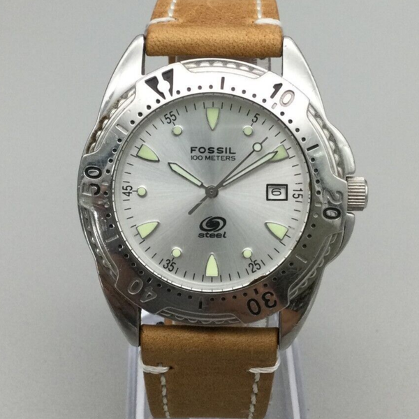 Fossil Steel Watch Men 40mm Silver Tone Date FS- 2557 Leather Band New ...
