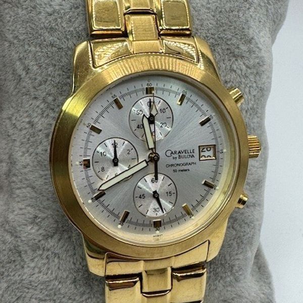 Men's Bulova Caravelle Gold Tone Chronograph 50M Quartz Date Watch New ...