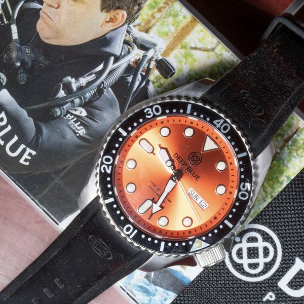 Deep Blue Divers Watch 300m Automatic Orange face Day Date Excellent ...