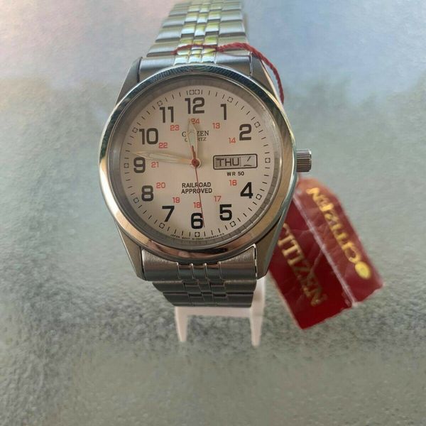 Cizizen Mens Railroad 24 Hour White Face Wristwatch, BK3790-53A ...