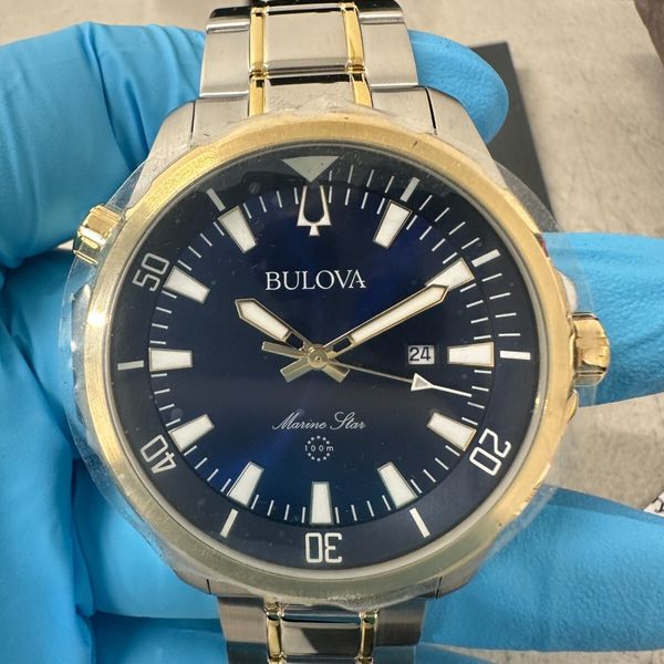 Bulova Marine Star Men's Quartz Blue Dial Calendar Two Tone Watch 43mm ...