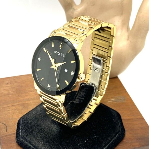 Bulova Men's Watch 97D116 Diamond Accent Black Dial Gold Stainless ...