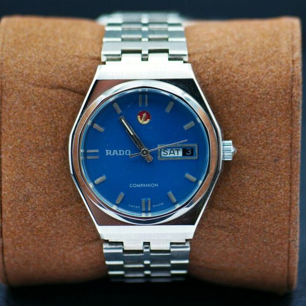 Vintage Rado Companion Blue Mens Watch Automatic 25 Jewels Day/Date ...