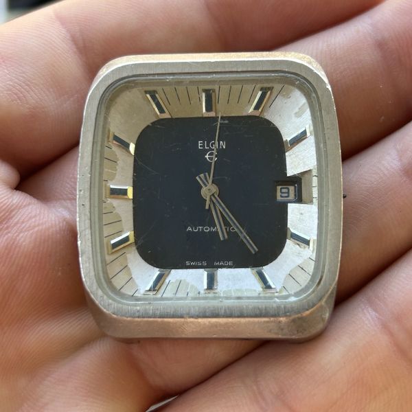 Vintage ELGIN Menâ s Stainless Steel Square Automatic Watch Face Parts ...