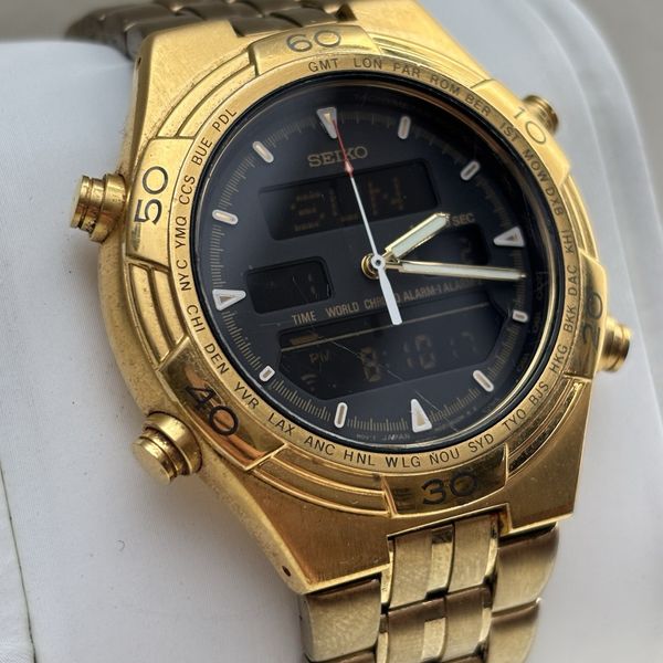 Vintage Seiko World Time Analog Digital Mens Gold Tone Watch H021-8018 ...
