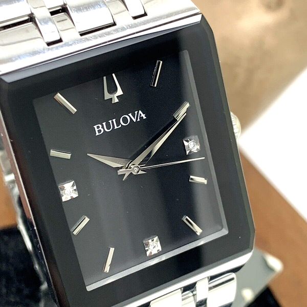 Bulova Men's Watch 96D145 Quartz Diamond Black Dial Rectangle Silver ...