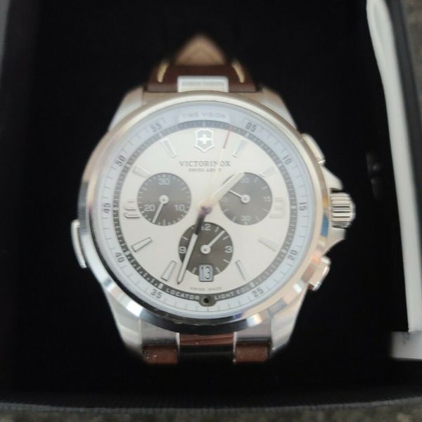 Victorinox Night Vision Watch With 42mm Silver Tone Chronograph Leather ...