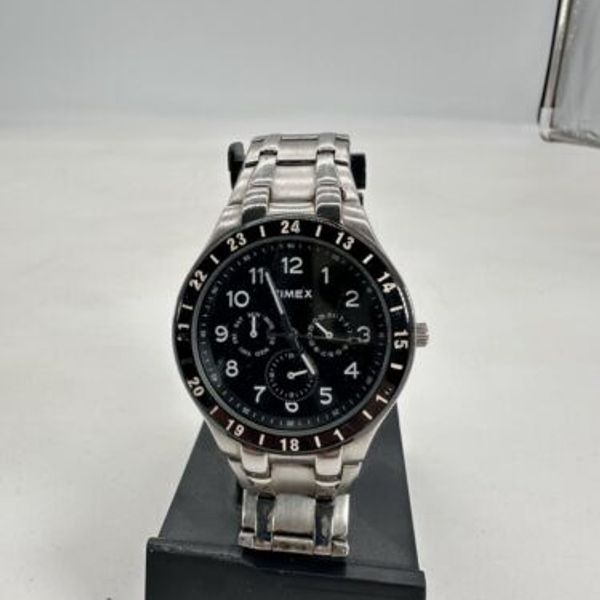 Timex Watch Men 42mm Silver Tone Day Date Black Dial T2N974 SR916SW ...
