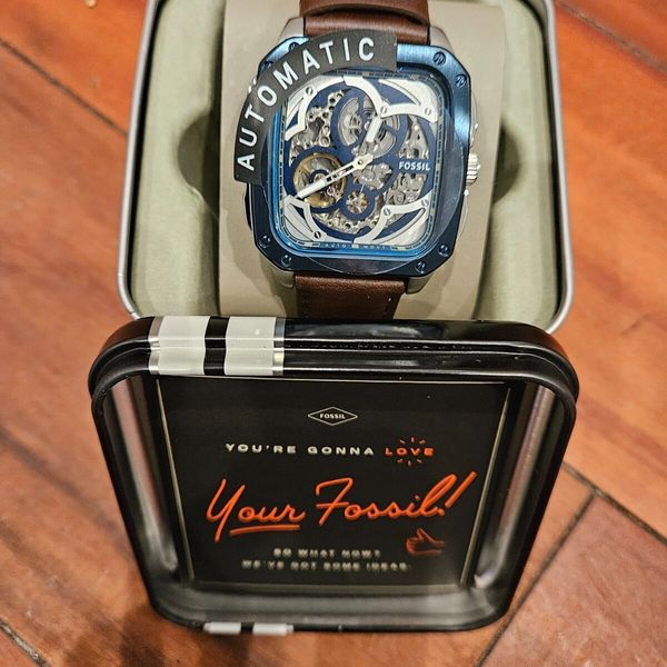 Fossil Inscription Automatic Blue Silver Brown Leather Men's Watch ...