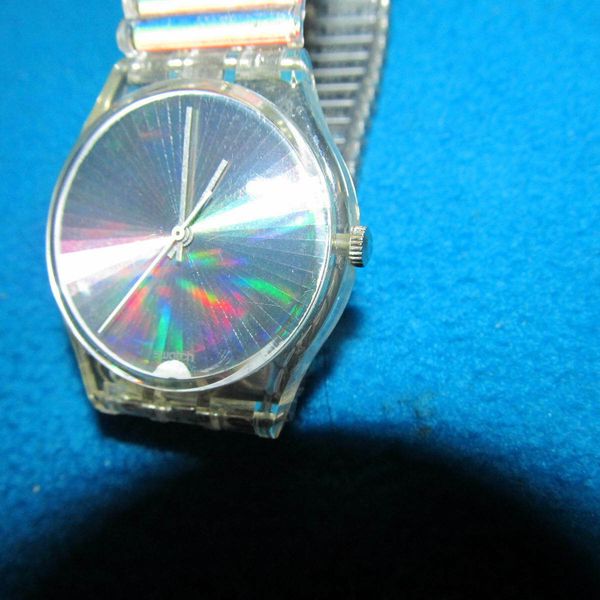 Swatch Watch Swiss Made Rainbow Iridescent Face Stretch Band Silicone ...