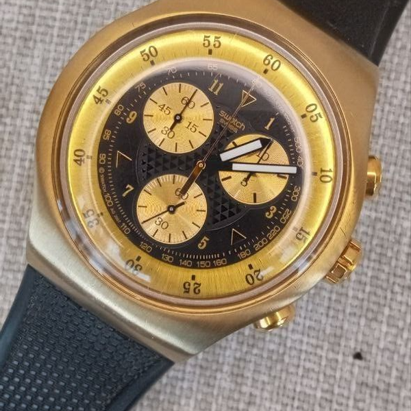 SWATCH WATCH HELMET YOZ100 GOLD Mat Rebeaud signed IRONY CRONOGRAPH ...