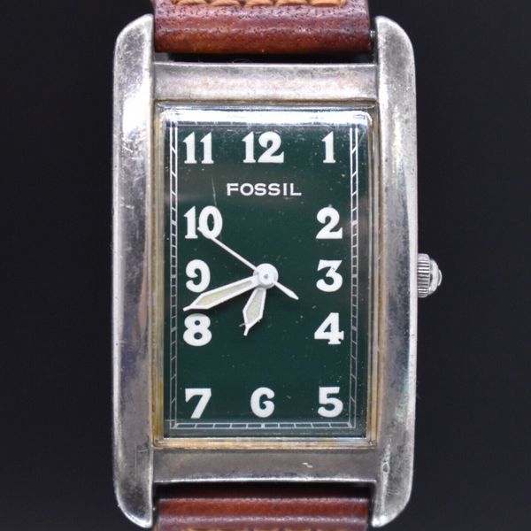 Vtg FOSSIL TM-6285 Green Dial Tank Watch Original Leather Band NEW ...