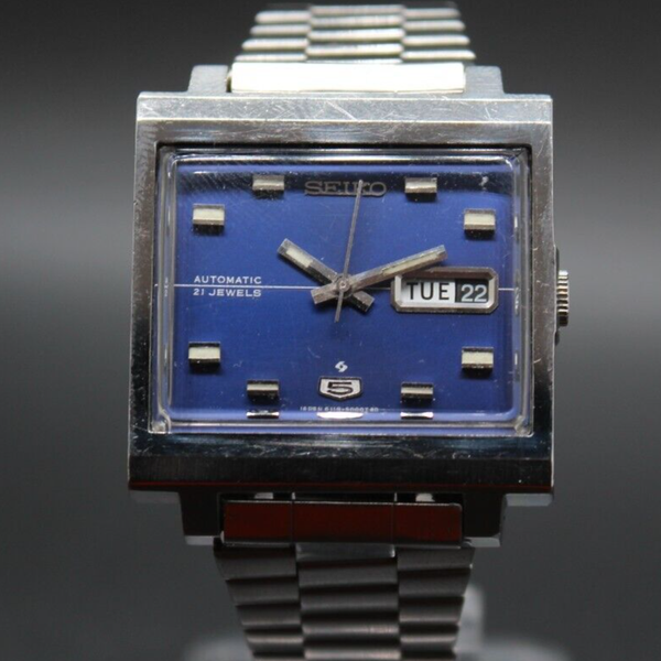 Vintage Seiko 5 Automatic tv dial 6119-5000 Watch Blue Dial TV Style SS ...